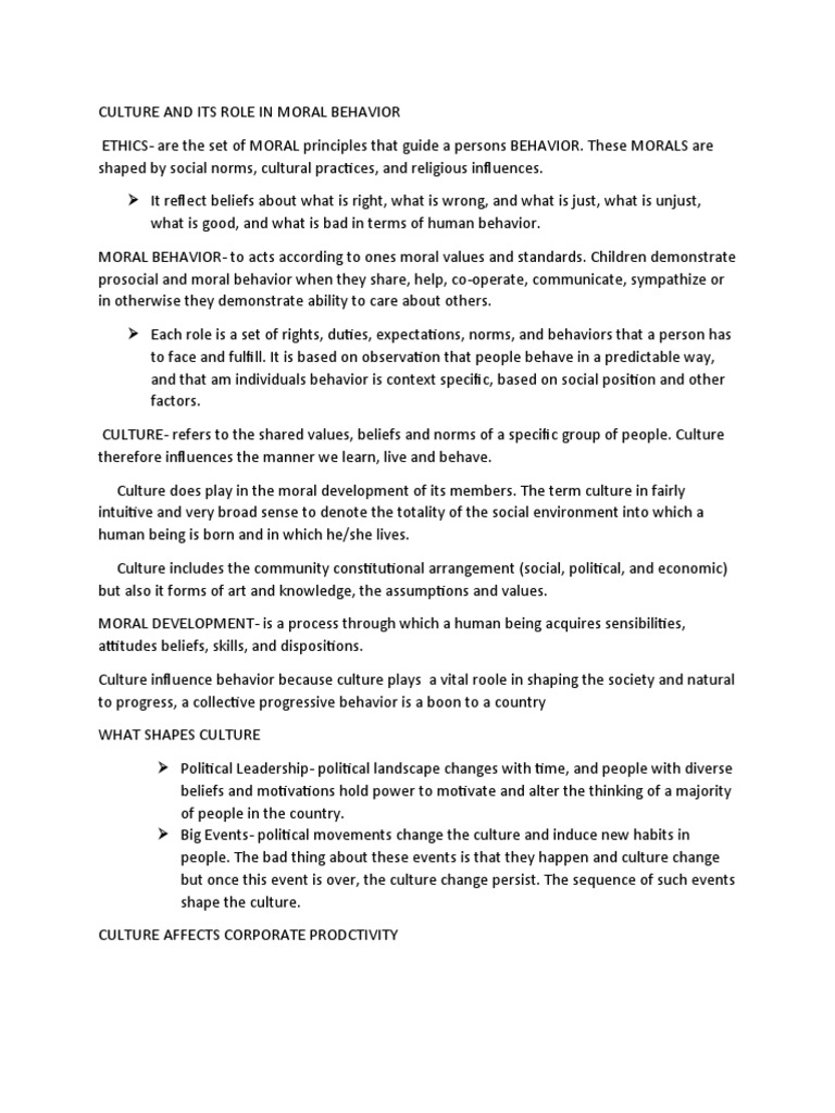 Culture And Its Role In Moral Behavior Pdf Value Ethics Morality