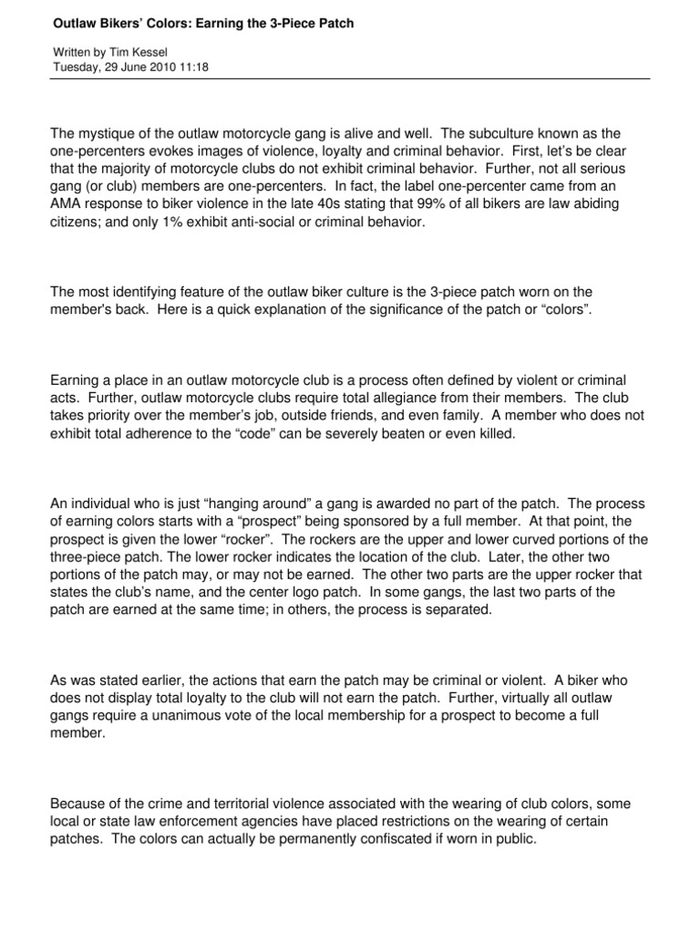 2453 Outlaw Bikers Colors Earning The 3 Piece Patch | PDF | Outlaw ...