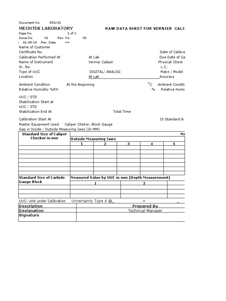 Vernier Caliper Calibration Data Sheet | PDF | Calibration | Scientific ...