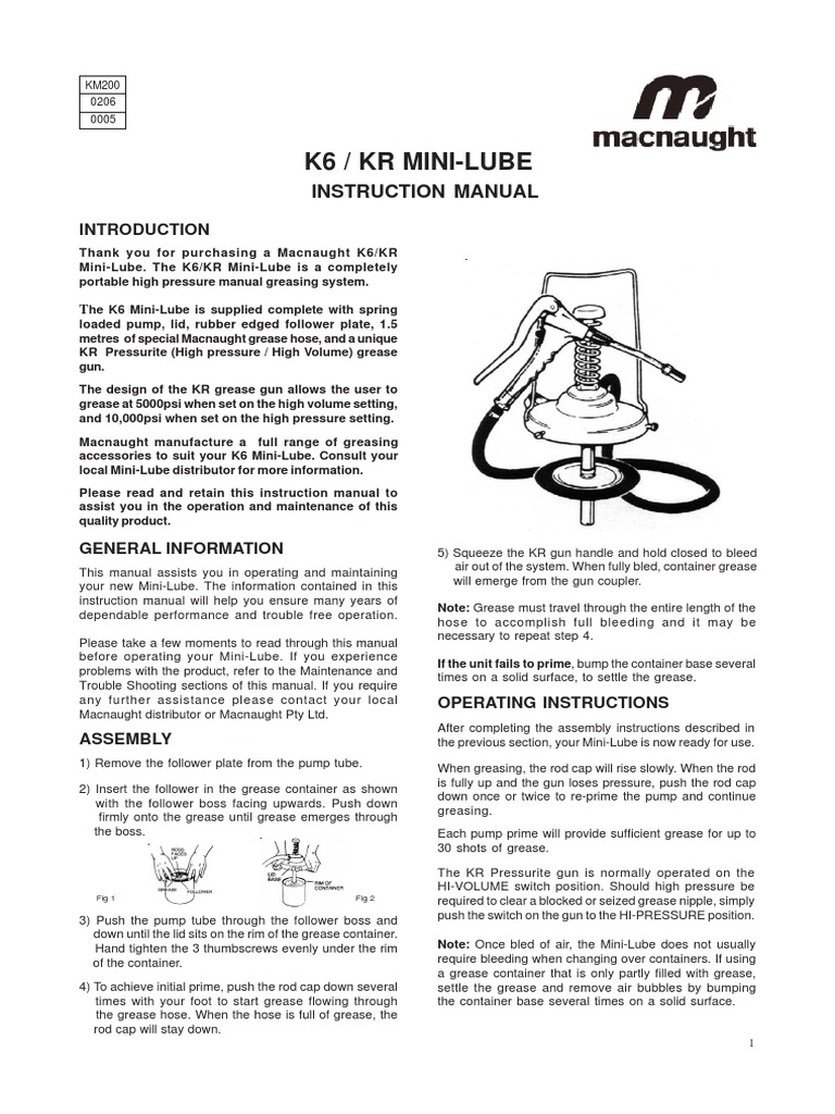 K6 / KR Mini-Lube: Instruction Manual | PDF | Valve | Leak