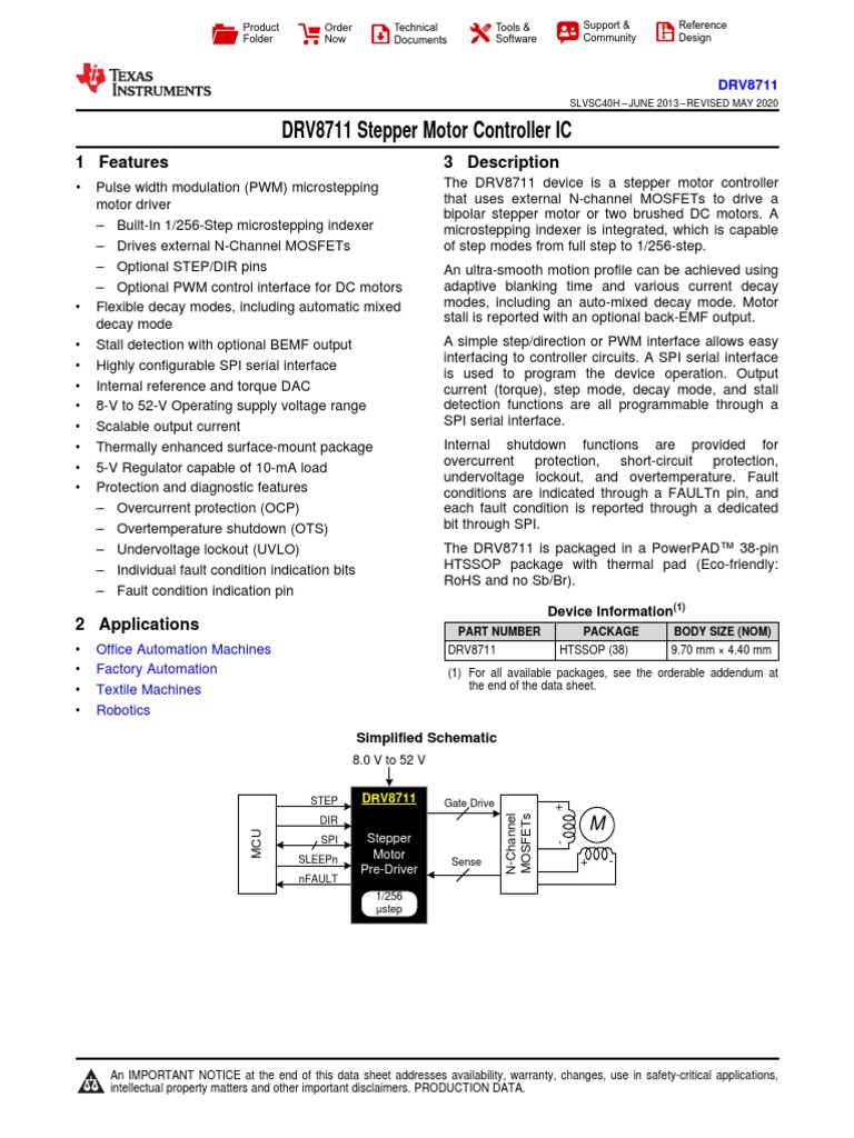 DRV8711 Stepper Motor Controller IC: 1 Features 3 Description | PDF ...