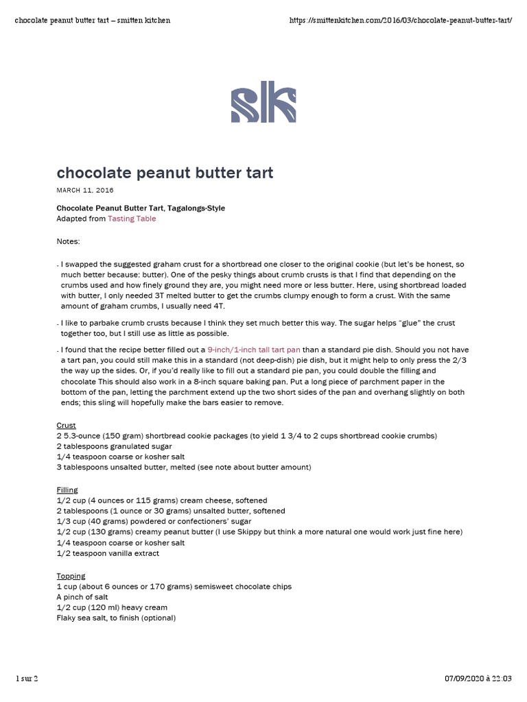 Chocolate Peanut Butter Tart - Smitten Kitchen | PDF | Butter | Teaspoon