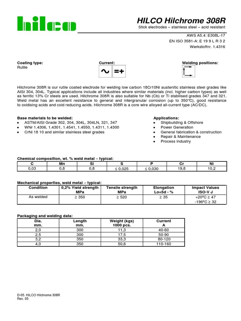 Electrodes Hilchrome 308r | PDF | Stainless Steel | Welding