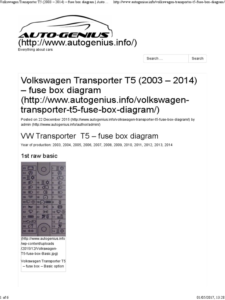 VW Transporter T5 Fuse Box Overview | PDF | Headlamp | Fuse (Electrical)