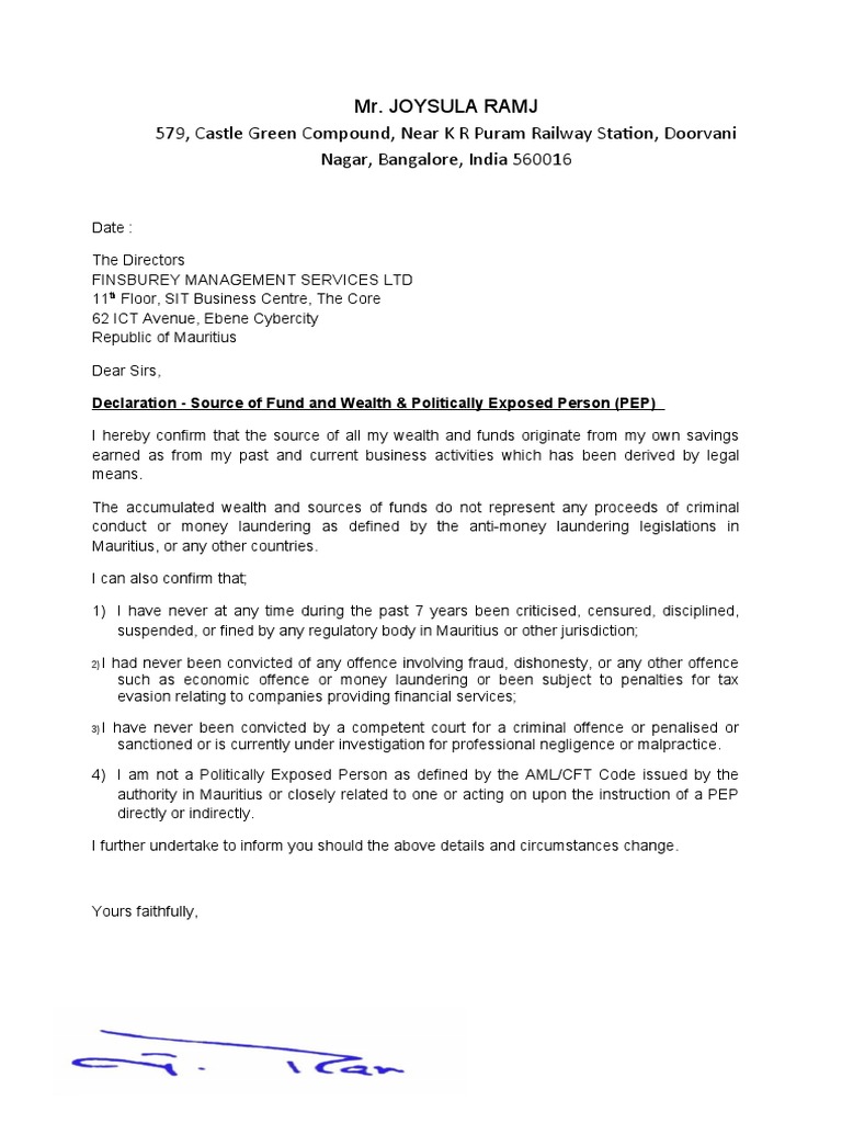 Declaration of Sources of Funds and Wealth | PDF