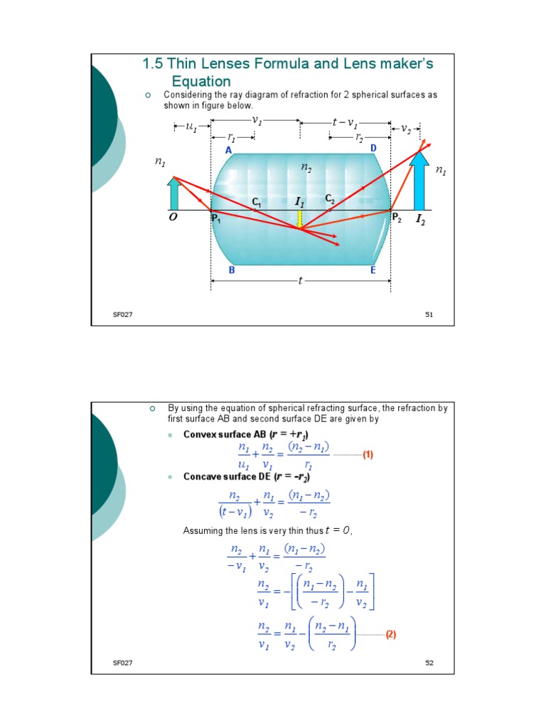 1.5 Thin Lenses Formula and Lens Maker's Equation: U V V R R N V T ...