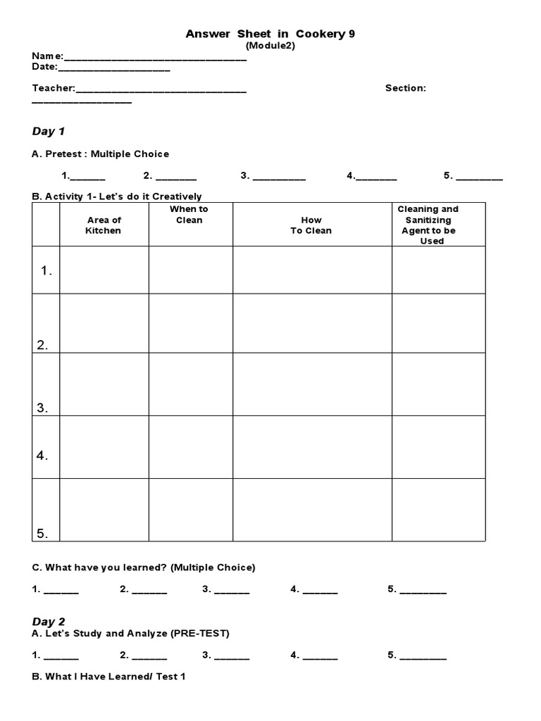 Answer Sheet in Cookery 9 Module 2 | PDF | Cognition