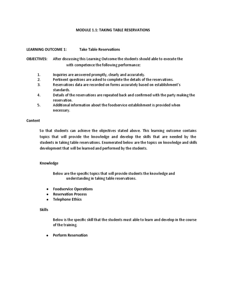 Module 1.1: Taking Table Reservations | PDF | Waiting Staff | Foodservice