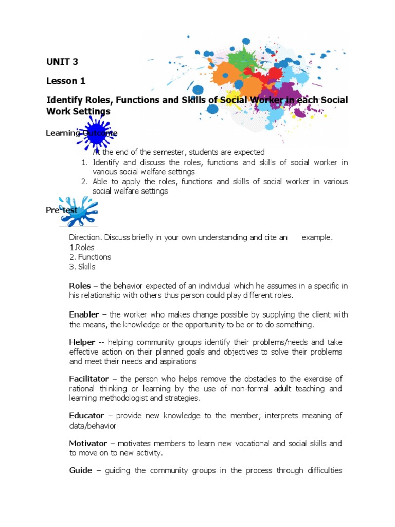 Unit 3 Lesson 1 Identify Roles, Functions and Skills of Social Worker ...