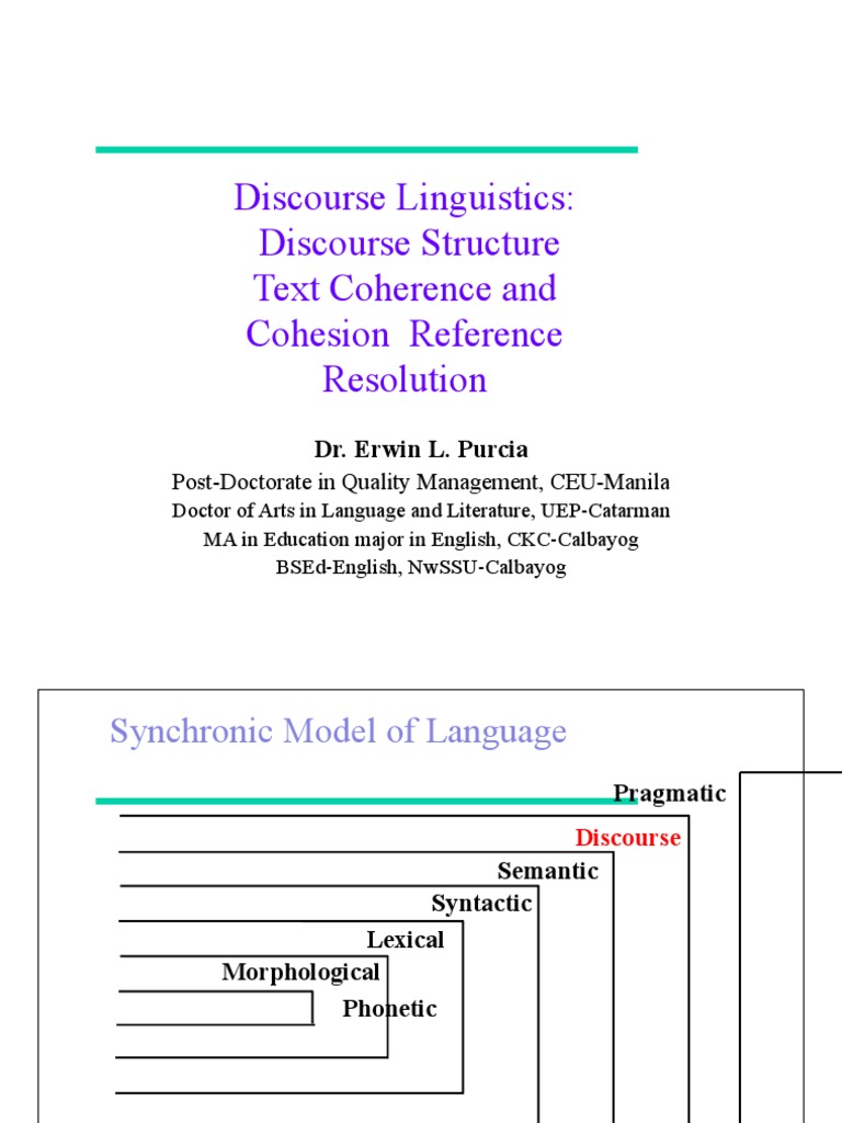 Discourse Linguistics: Discourse Structure Text Coherence and Cohesion Reference Resolution ...