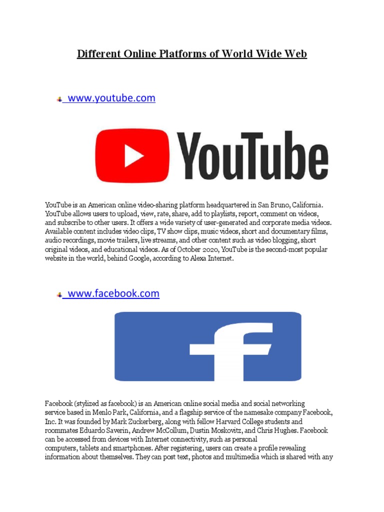 Different Online Platforms of World Wide Web | PDF | Gmail | Facebook
