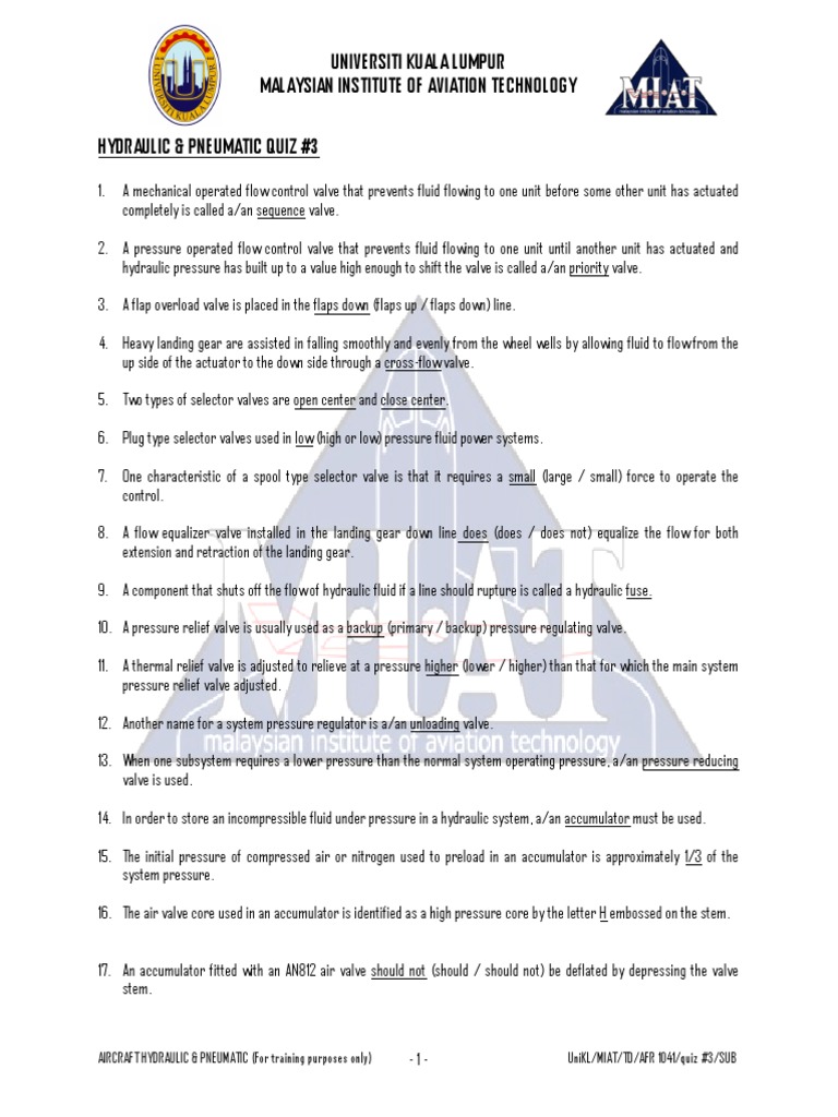 Hydraulic & Pneumatic Quiz #3 | PDF | Valve | Actuator