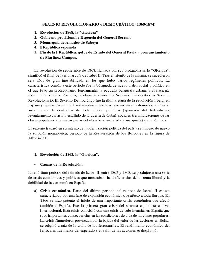 Tema 7. EL SEXENIO REVOLUCIONARIO o DEMOCRÁTICO | PDF | España | Gobierno de españa