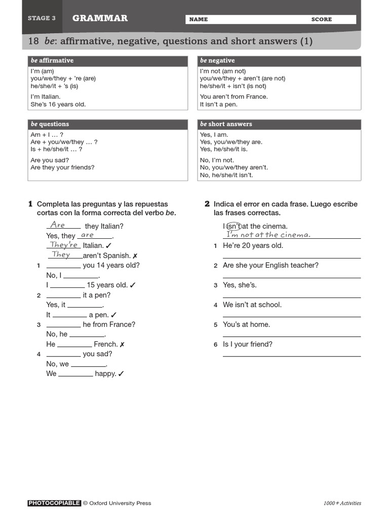 18 Be: Affirmative, Negative, Questions and Short Answers | PDF ...
