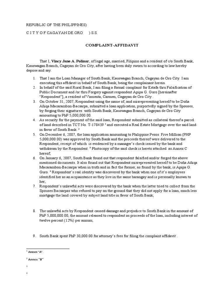 Complaint-Affidavit: Annex "B" | PDF | Affidavit | Civil Law (Common Law)