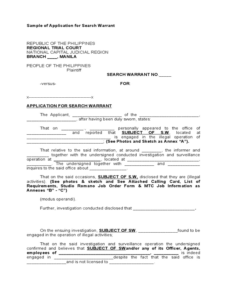 Sample of Application For Search Warrant | Download Free PDF | Search ...