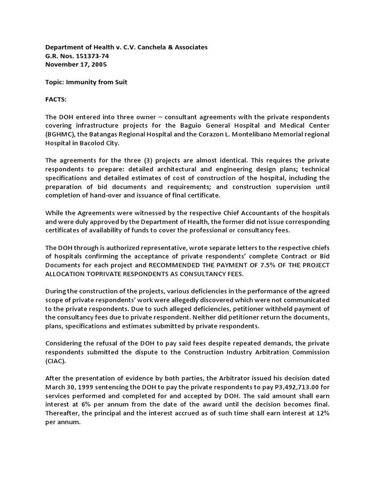 Department of Health v. C.V. Canchela & Associates | PDF | Sovereign ...