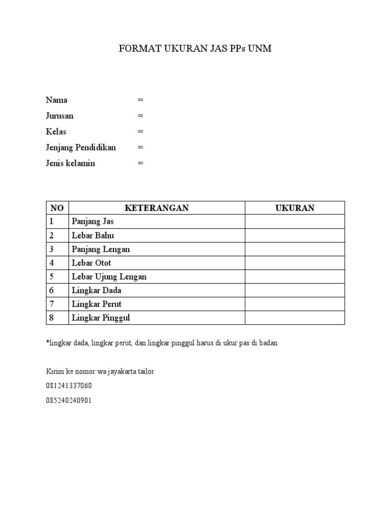 Format Ukuran Jas PPs UNM | PDF
