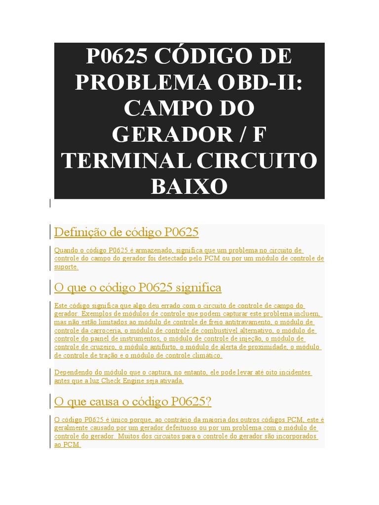 P0625 Código de Problema Obd | PDF | Tempo | Computação e Tecnologia da ...