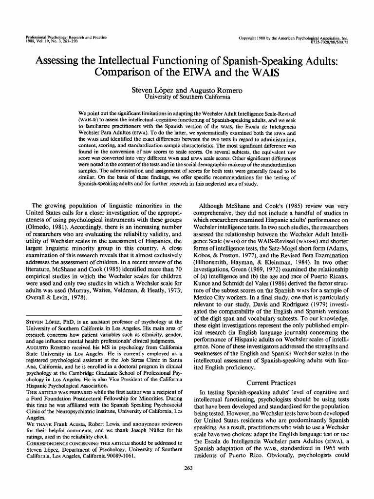 Assessing The Intellectual Functioning of Spanish-Speaking Adults ...