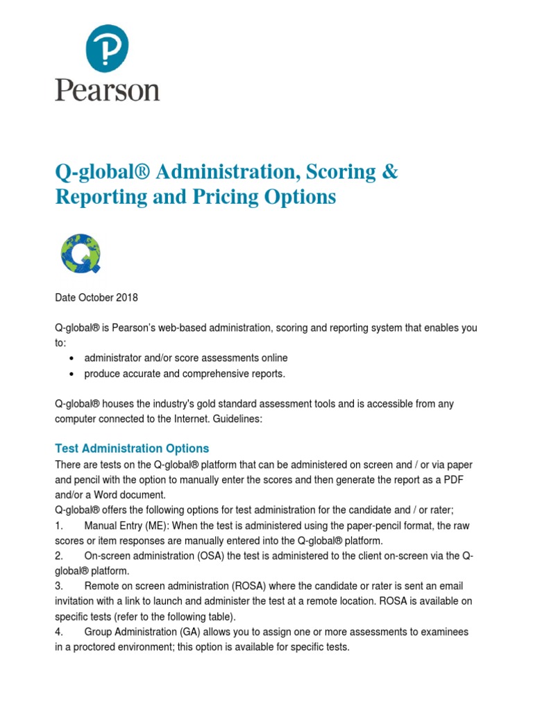 Q-Global® Administration, Scoring & Reporting and Pricing Options | PDF ...