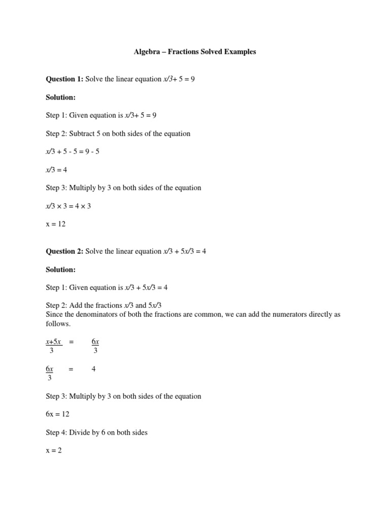 Algebra - Fractions Worked Solutions | PDF | Teaching Methods ...