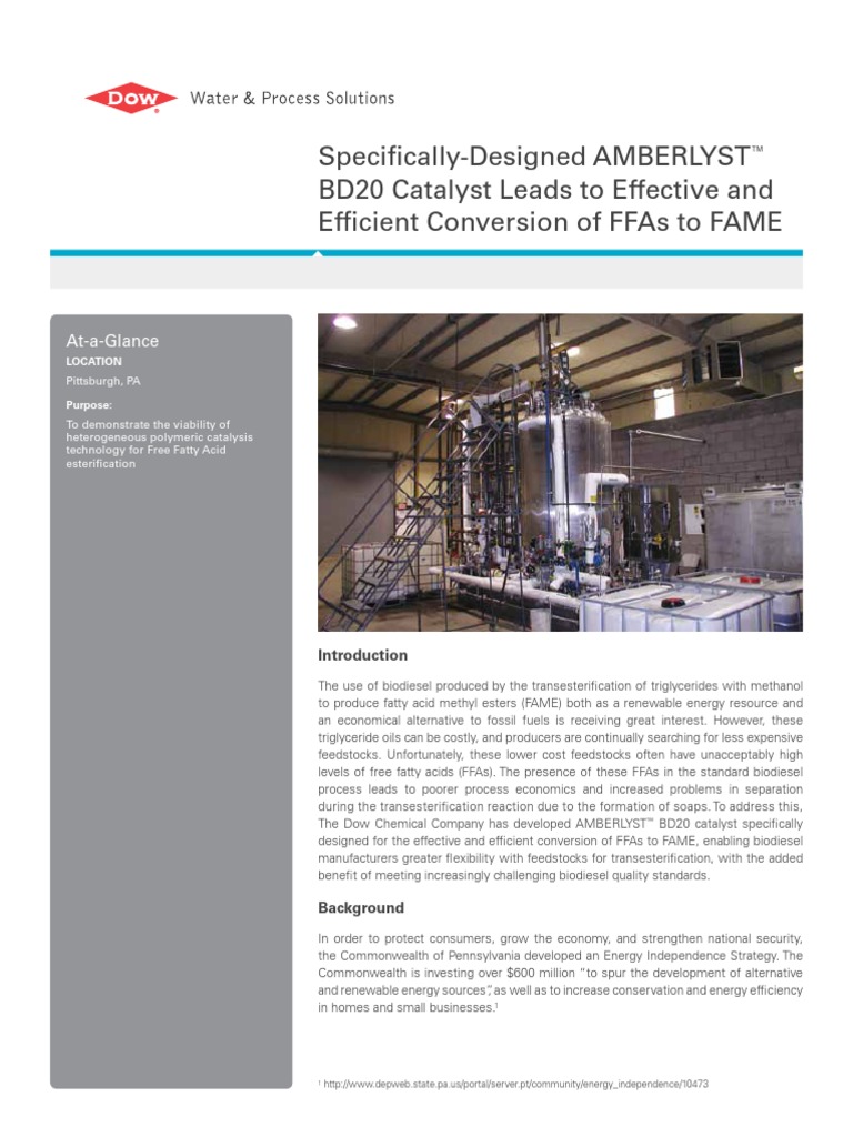 AMBERLYST™ BD20 Catalyst for Biodiesel | PDF | Biodiesel | Chemical ...