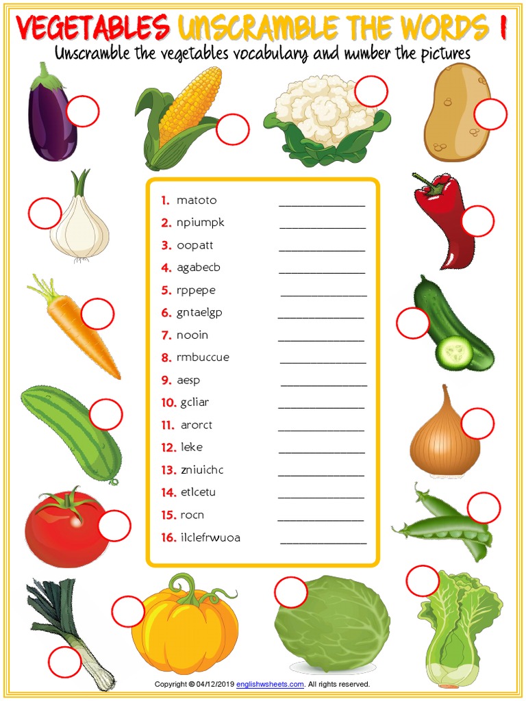 Vegetables Vocabulary Esl Unscramble The Words Worksheets For Kids ...