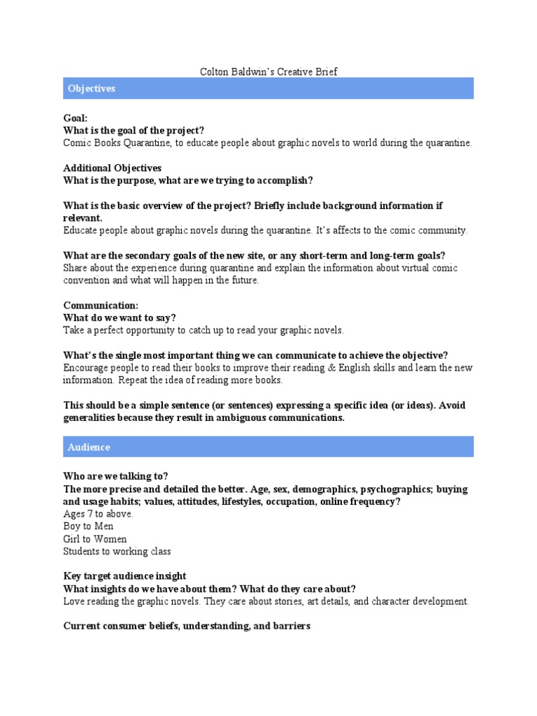 Baldwin Colton Creative Brief | PDF | Comic Book | Books