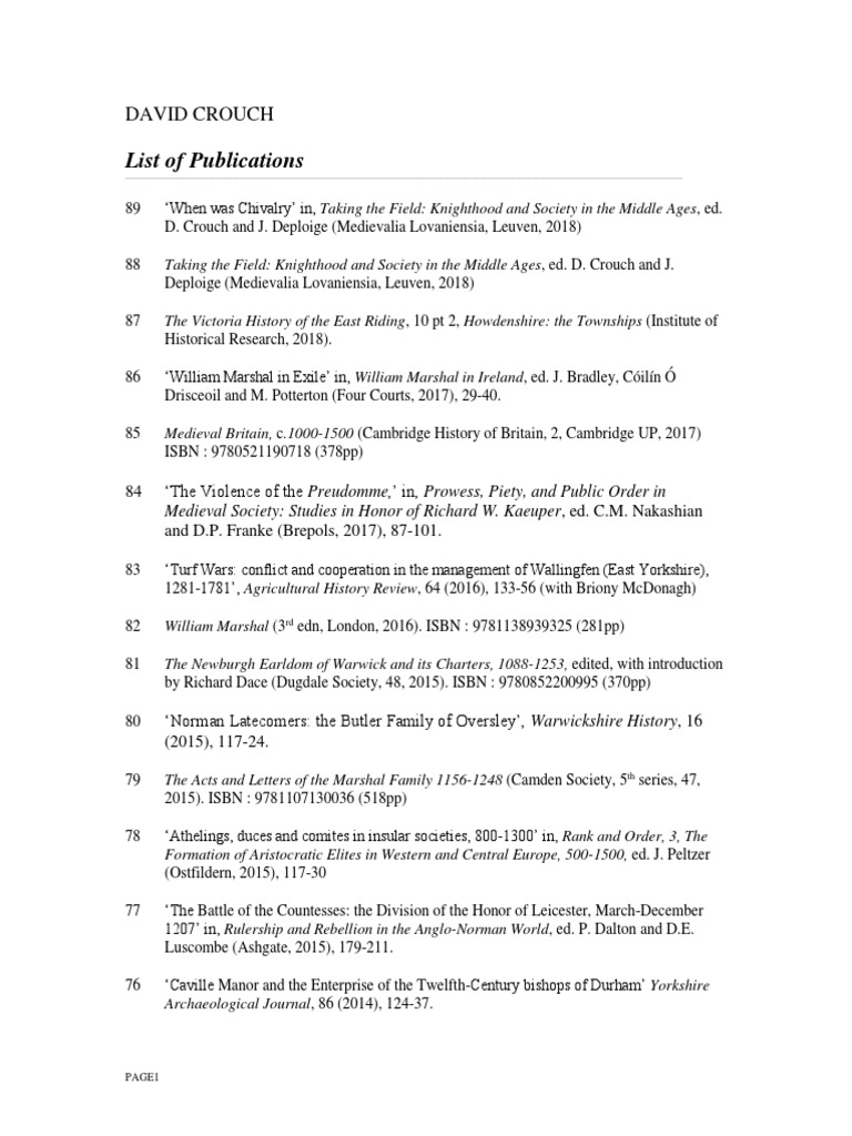 David Crouch's List of Publications | PDF | Middle Ages | Nobility