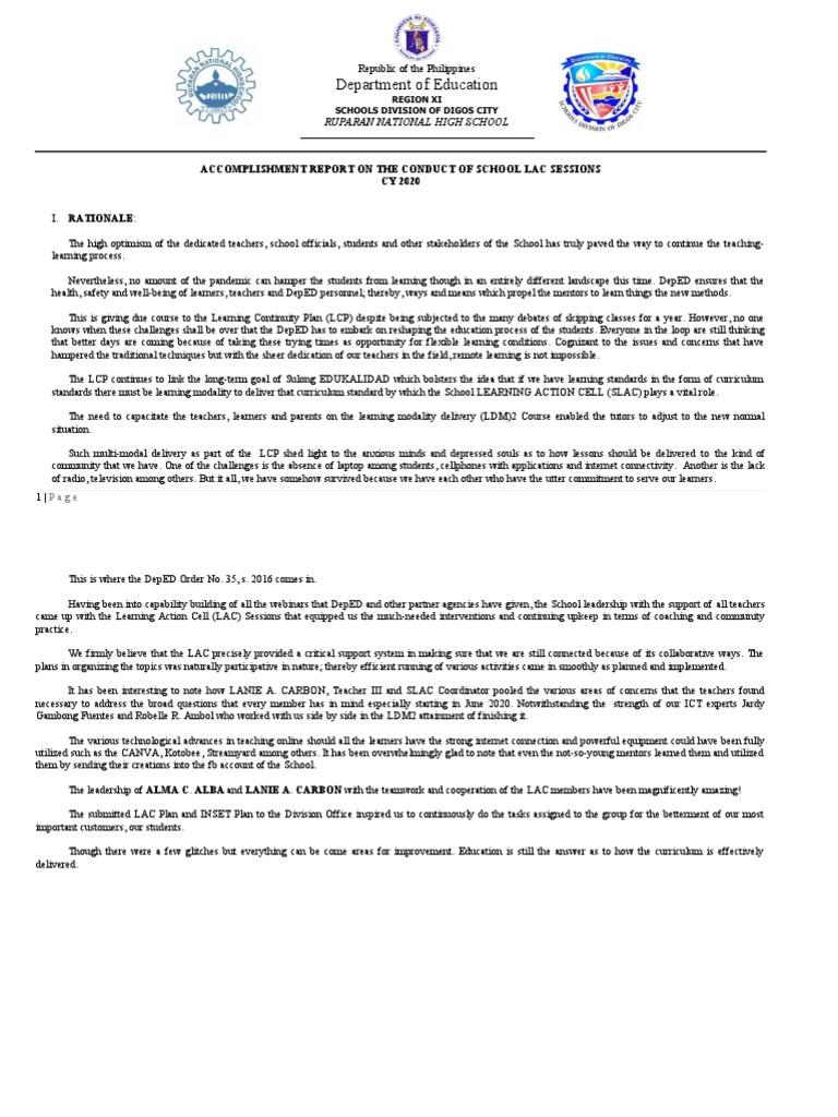 2020 School LAC Sessions Report | PDF | Educational Technology | Teachers