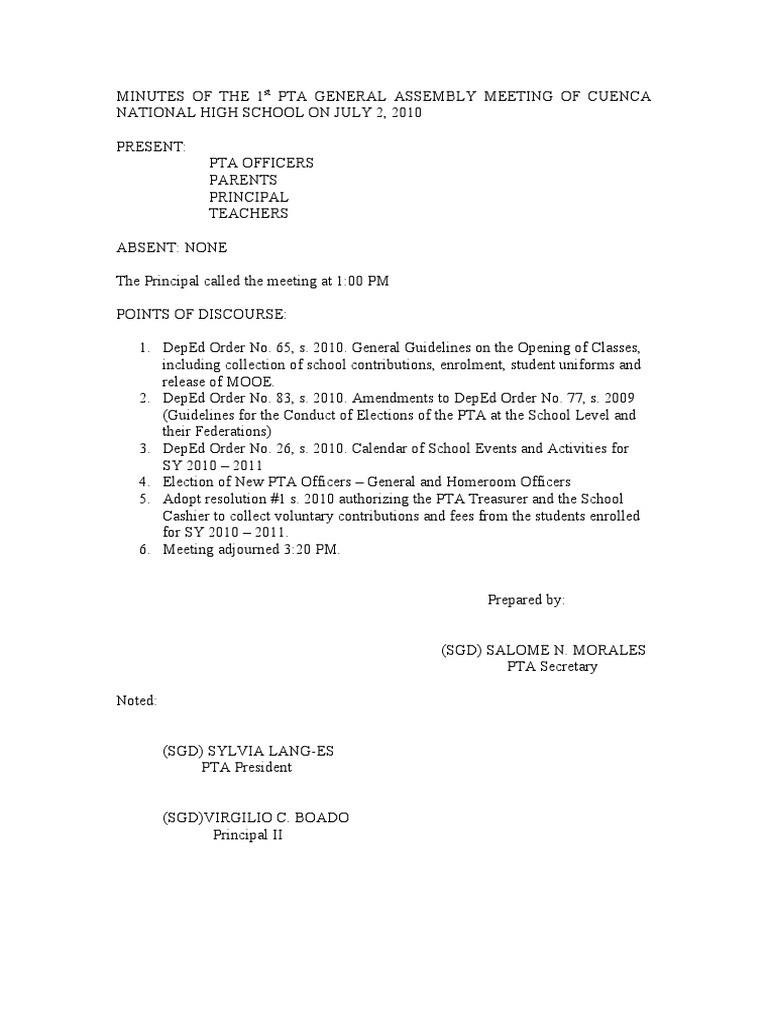 Sample Minutes of The 1st Pta General Assembly Meeting of Cuenca ...