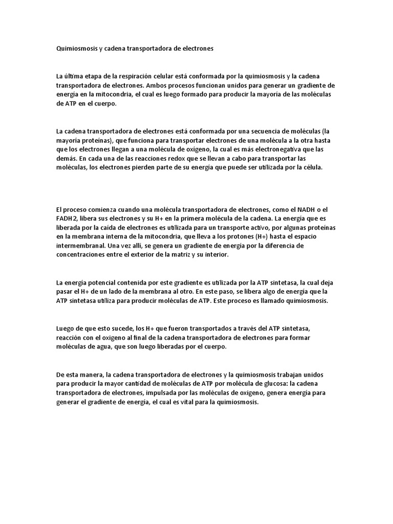 Quimiosmosis y Cadena Transportadora de Electrones | PDF