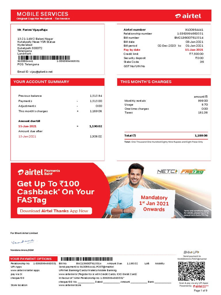 Postpaid Bill 9100864441 BM2136I007615514 | PDF | Payments | Roaming