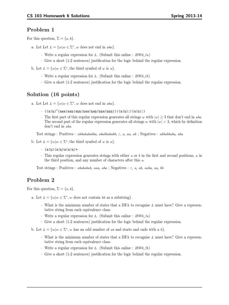 CS 103 homework solutions for strings, automata and regular expressions ...