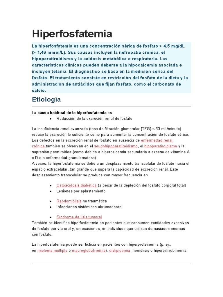 Hiperfosfatemia | PDF | Enfermedad renal crónica | Especialidades Medicas
