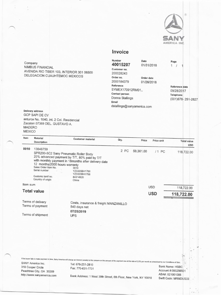 Facturas Sany SPR200-5C2 | PDF