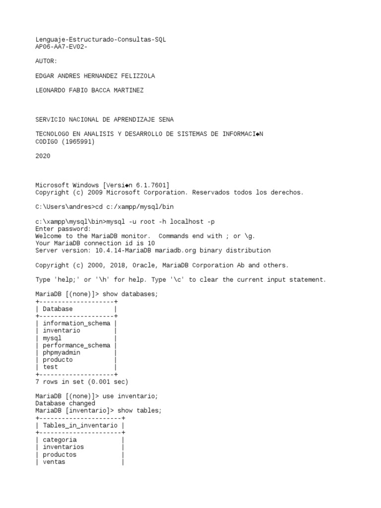 Solucion Evidencia SQL | Descargar gratis PDF | Mi sql | Bases de datos