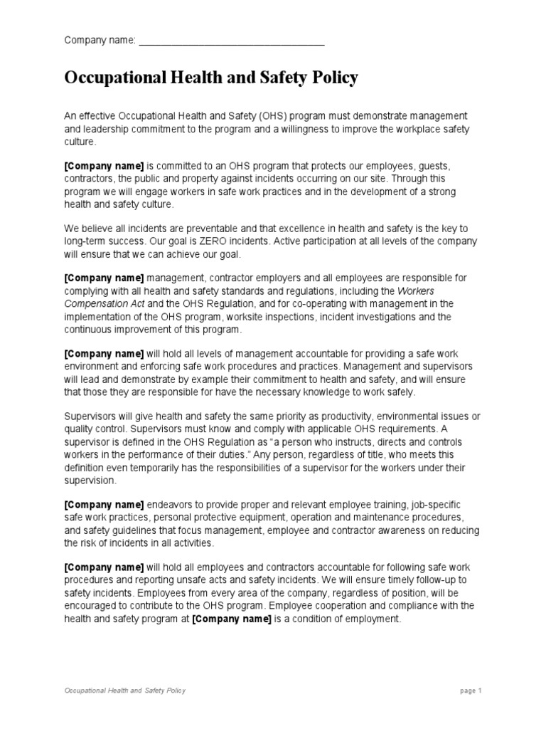 OHS Policy: Commitment to Safety | PDF | Occupational Safety And Health ...