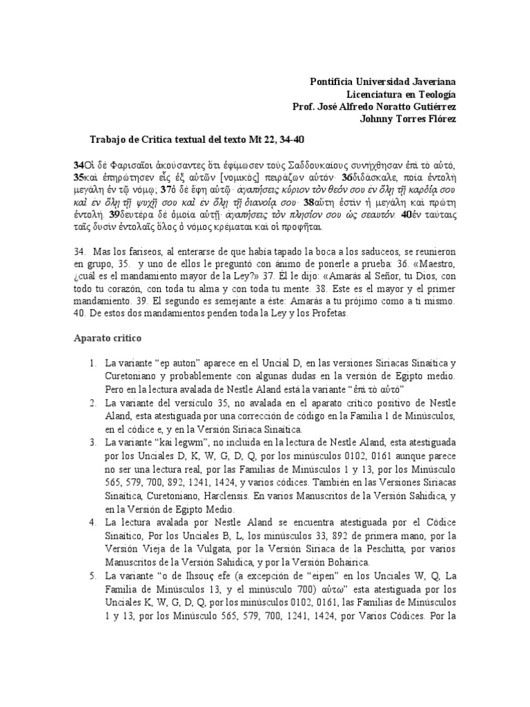 Critica Textual MT 22, 34-40 | PDF | Evangelio de Mateo | Crítica textual