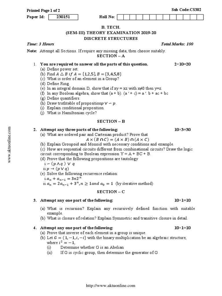 Discrete Structures Exam Questions | PDF | Group (Mathematics ...