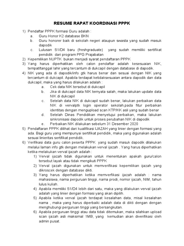 Resume Rapat Koordinasi PPPK | PDF