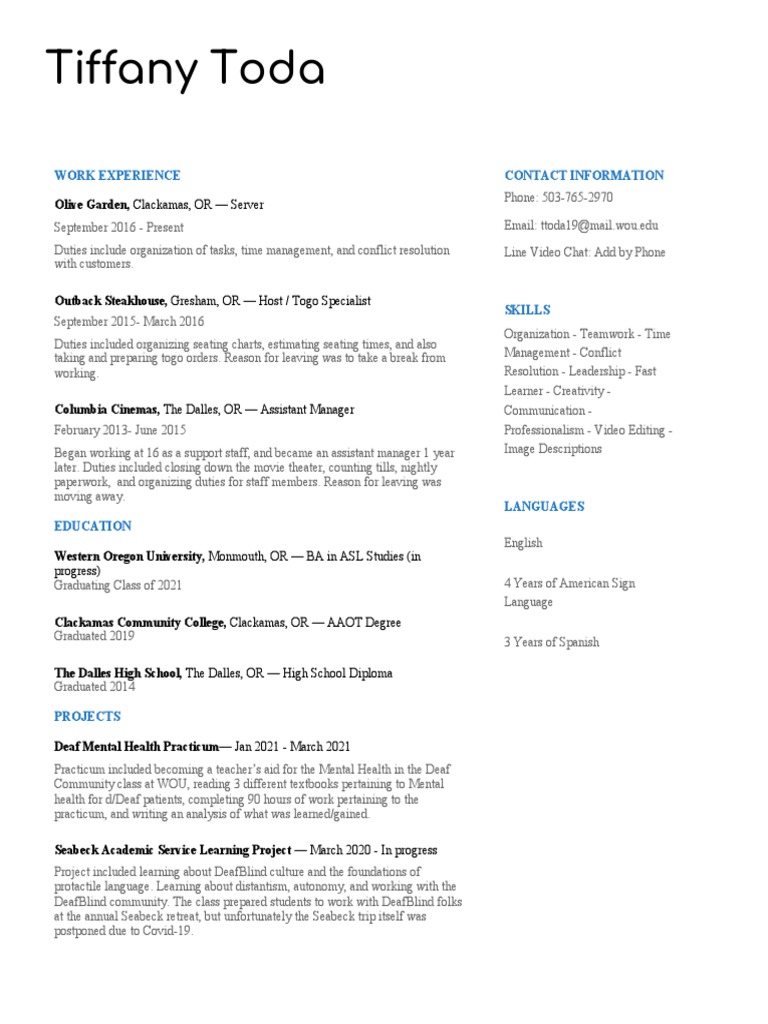 Tiffany Toda: Work Experience Contact Information | PDF | Behavior ...