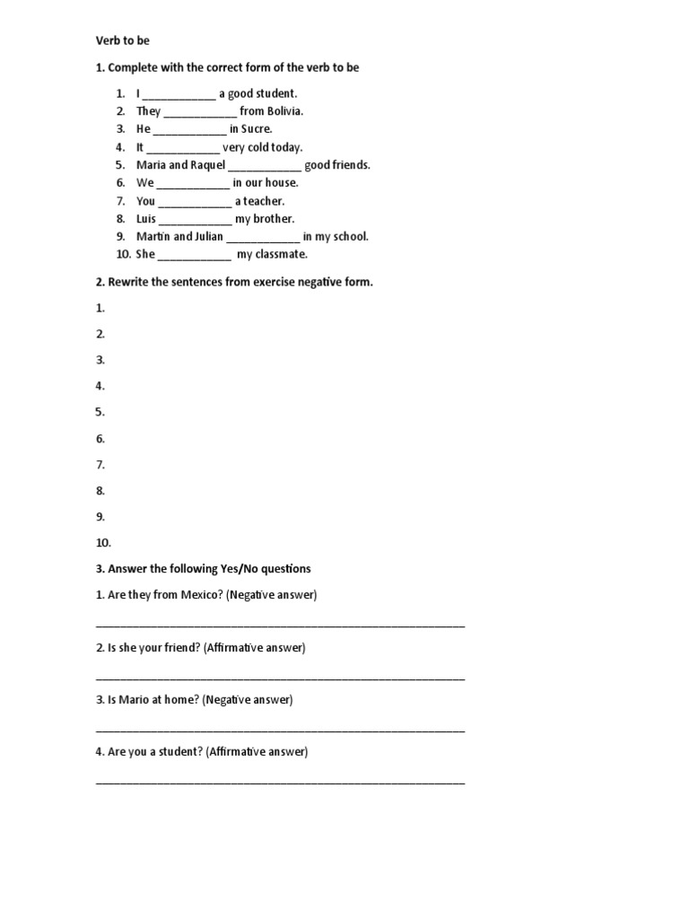 Verb To Be 1 Complete With The Correct Form Of The Verb To Be Pdf