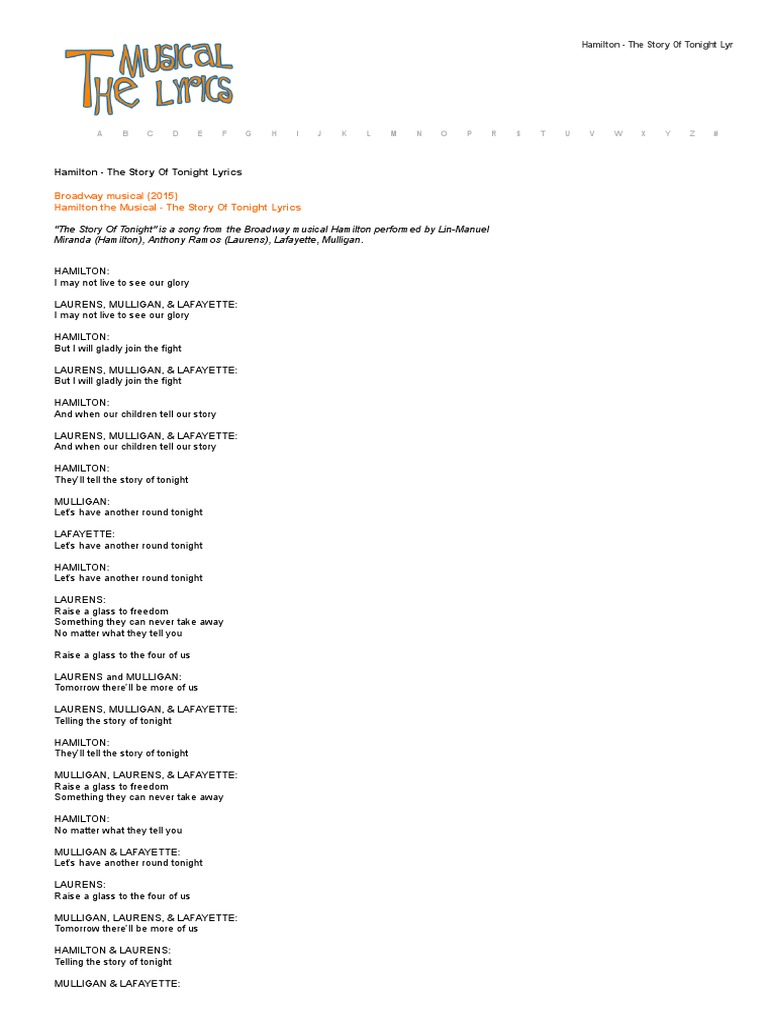 Hamilton - The Story of Tonight Lyrics | PDF | Hamilton (Musical ...