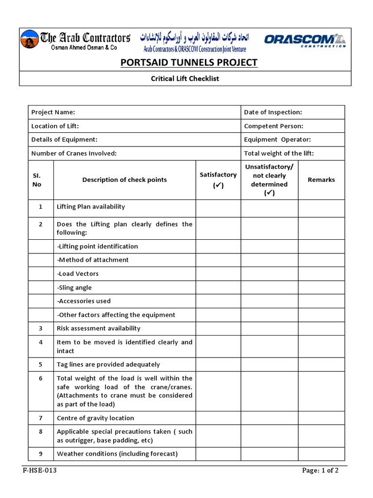 Critical Lift Checklist | PDF | Crane (Machine) | Nature