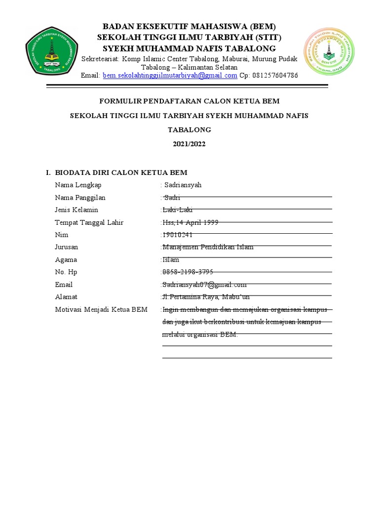 Formulir Pendaftaran Calon Ketua Bem (New) | PDF