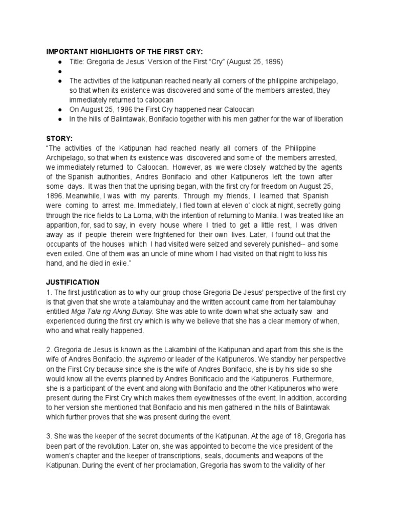 Important Highlights of The First Cry | PDF | Philippines | Unrest