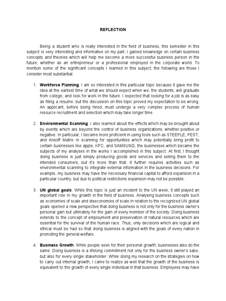 BM Final Assessment - Reflection | PDF | Concept | Employment