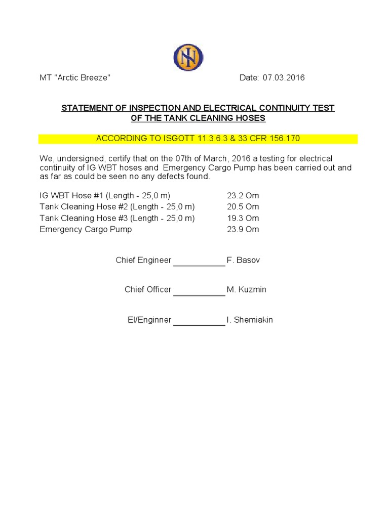 Continuity Test IG WBT Hoses and Emergency Cargo Pump | PDF